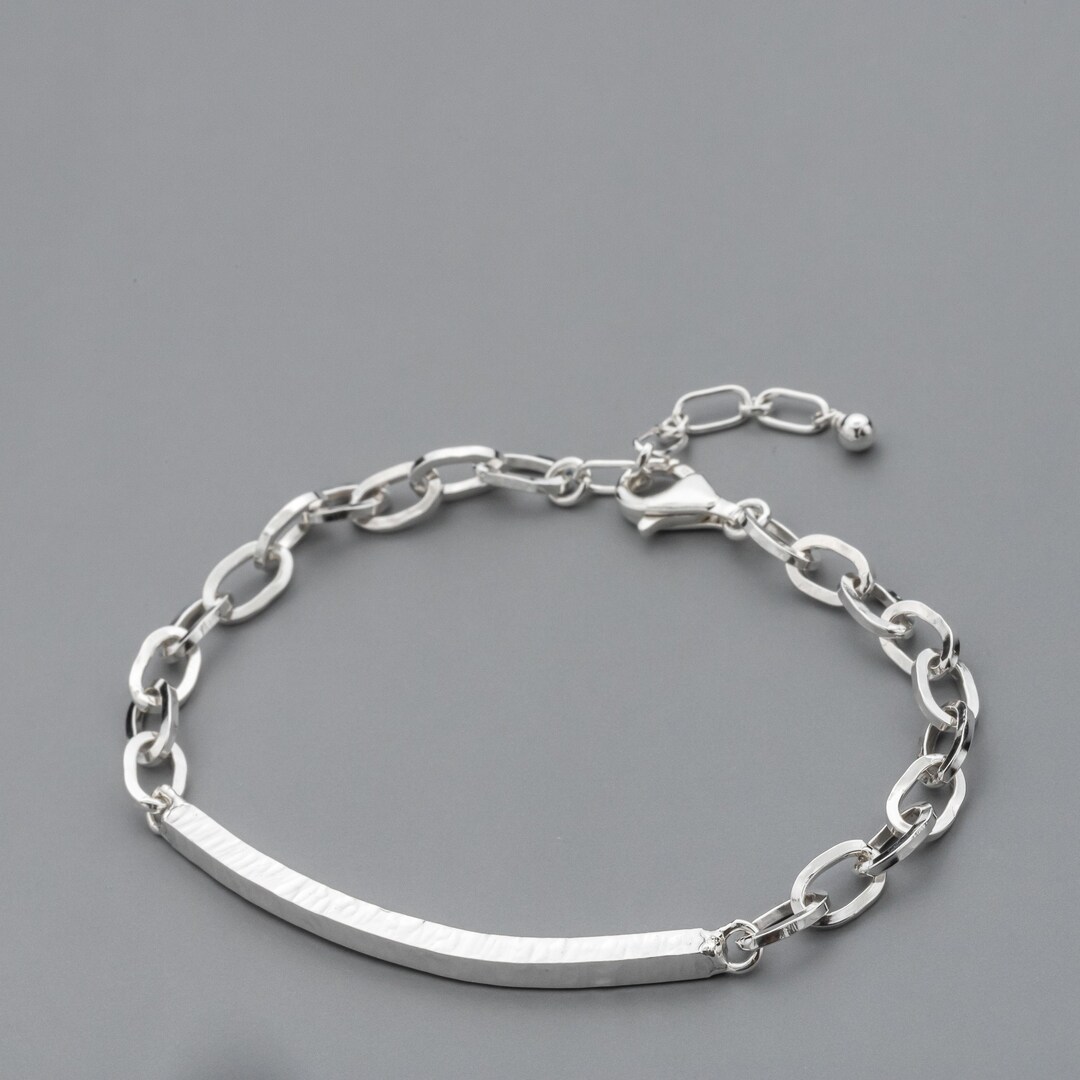 Heavy Sterling Silver Chain Bracelet With Hammered Bar Center ...