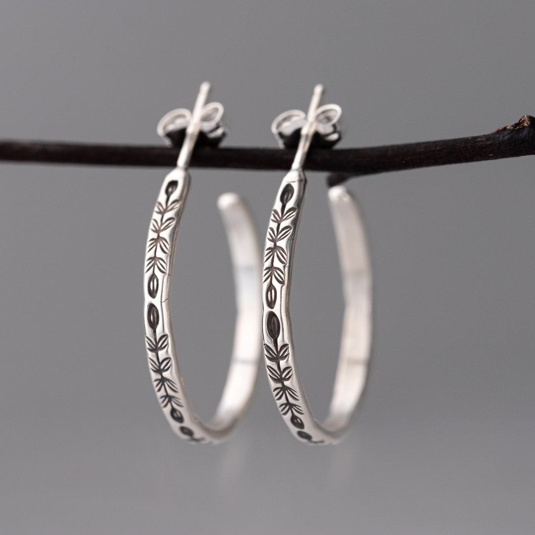 Handmade Sterling Silver Hoop Earrings: Stamped Vine Design, Argentium ...