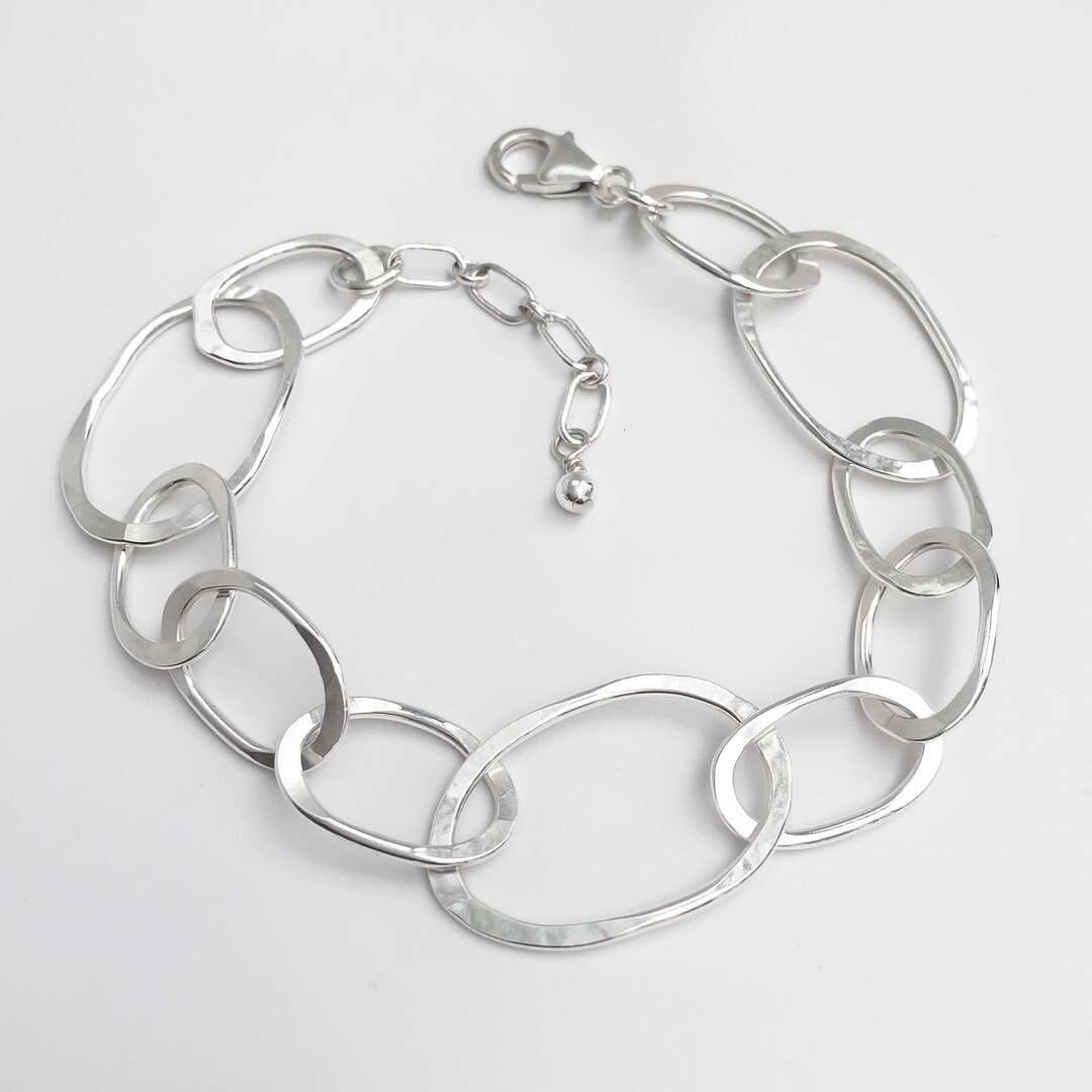 Chunky Silver Link Bracelet Big Silver Chain Bracelet Hammered Sterling ...