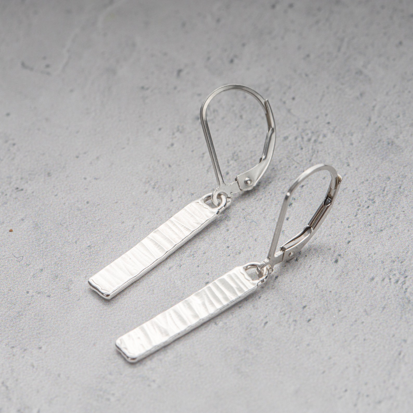 Minimalist Rectangle Drop Earrings Hammered Silver Nickel - Etsy