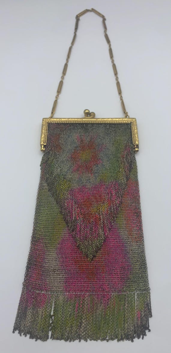 Antique Fine Soldered Mesh Hand Painted Purse - Gem