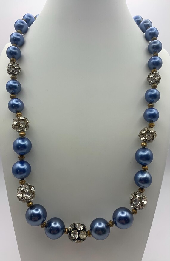 Midcentury Blue Faux Pearl & Rhinestone Necklace - Gem