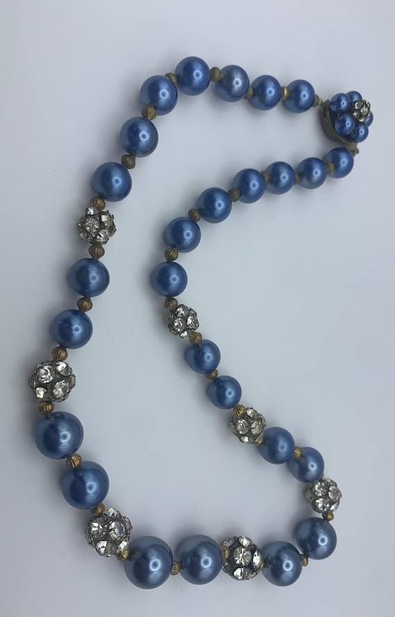 Midcentury Blue Faux Pearl & Rhinestone Necklace - Gem