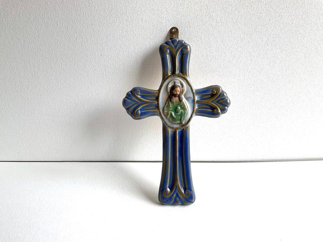Vintage Ceramic Crucifix; Hand Painted, Blue Glazed Cross With Center ...