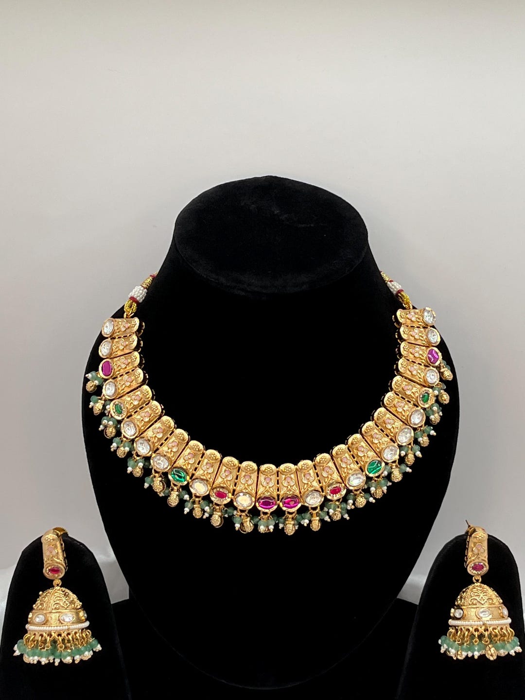 Tyani Kundan Necklace Set: Gold, Ruby, Panna, Jumka Earrings - Etsy
