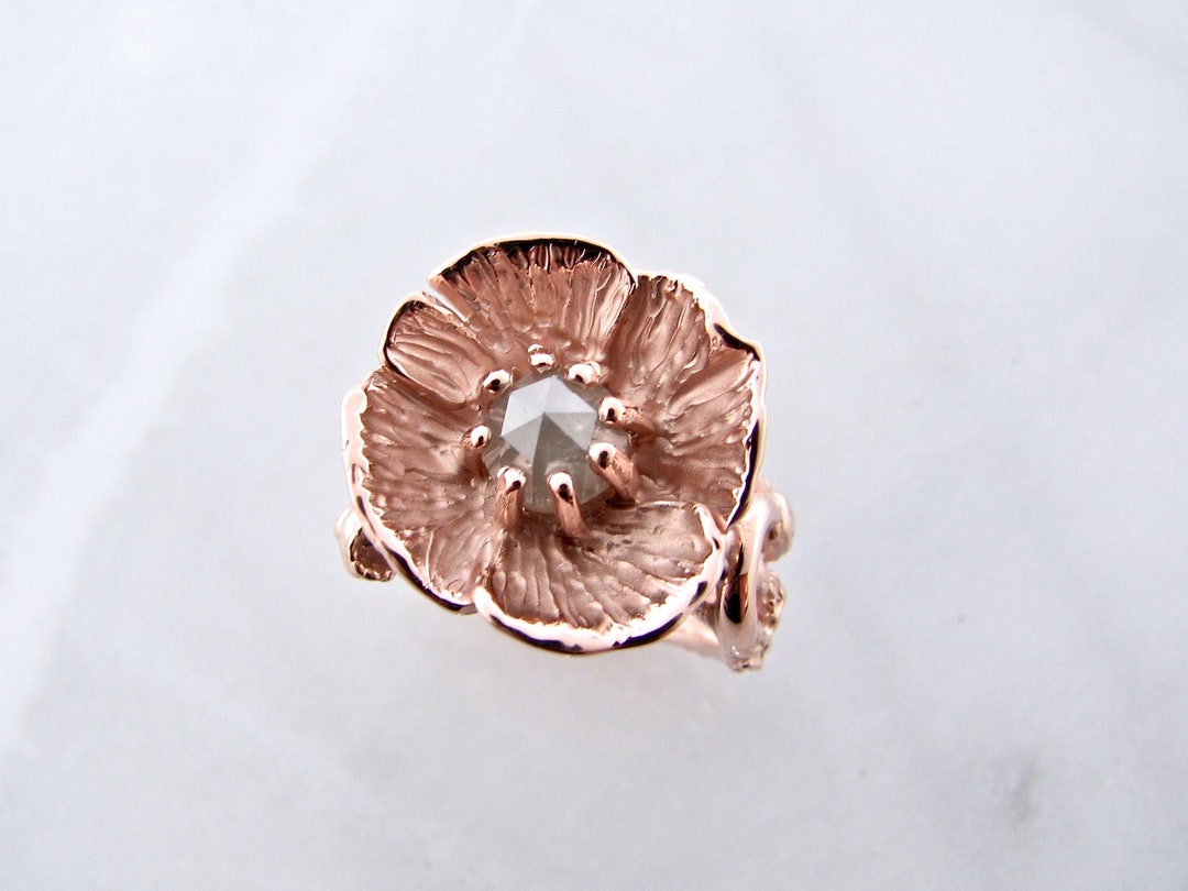 Rose Gold Poppy Bloom Ring With Rose Cut Grey Diamond - Etsy