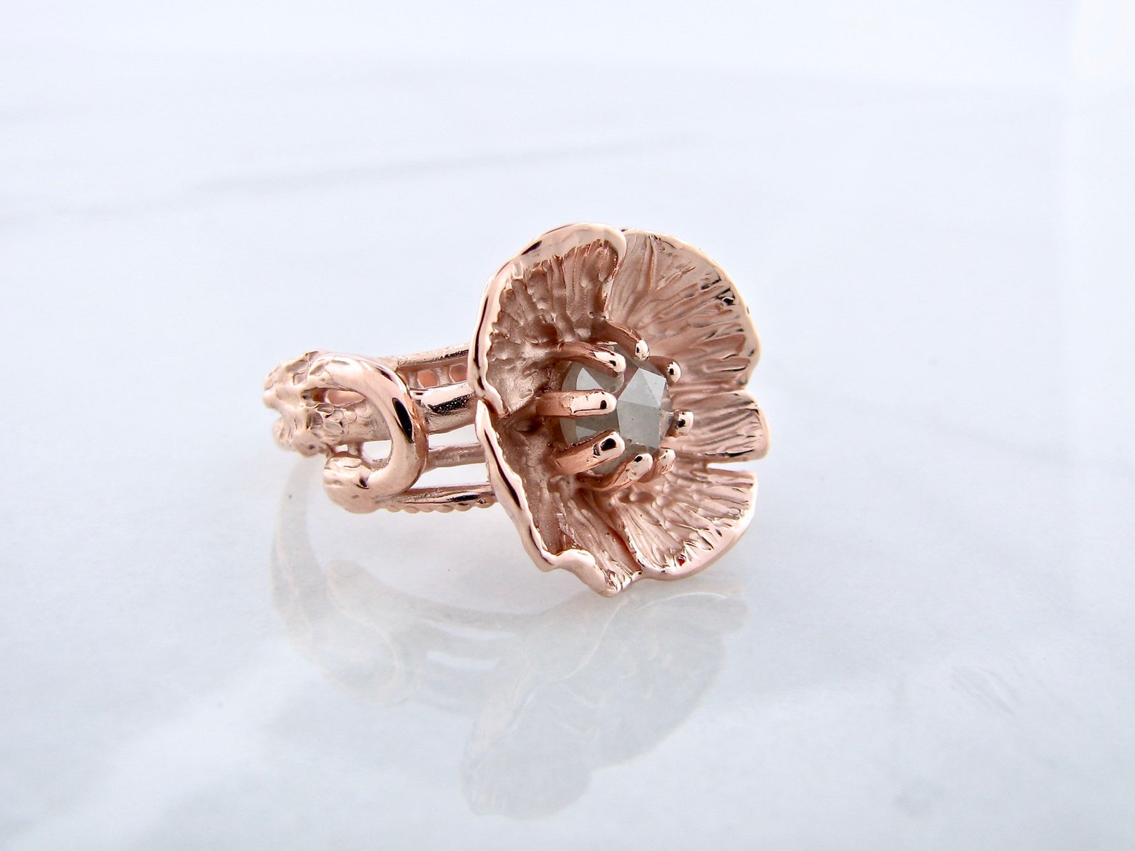 Rose Gold Poppy Bloom Ring With Rose Cut Grey Diamond | Etsy