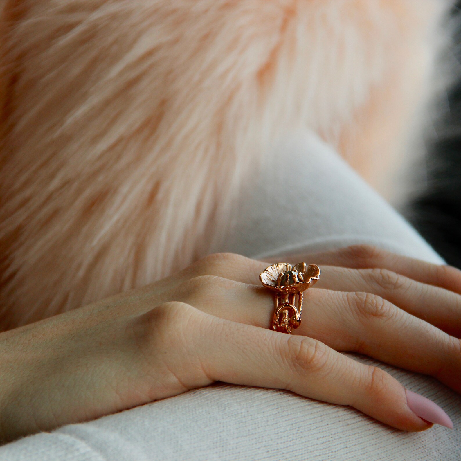Rose Gold Poppy Bloom Ring With Rose Cut Grey Diamond | Etsy