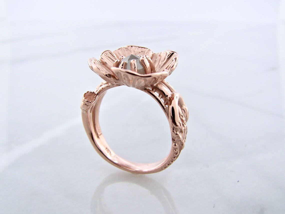 Rose Gold Poppy Bloom Ring With Rose Cut Grey Diamond | Etsy