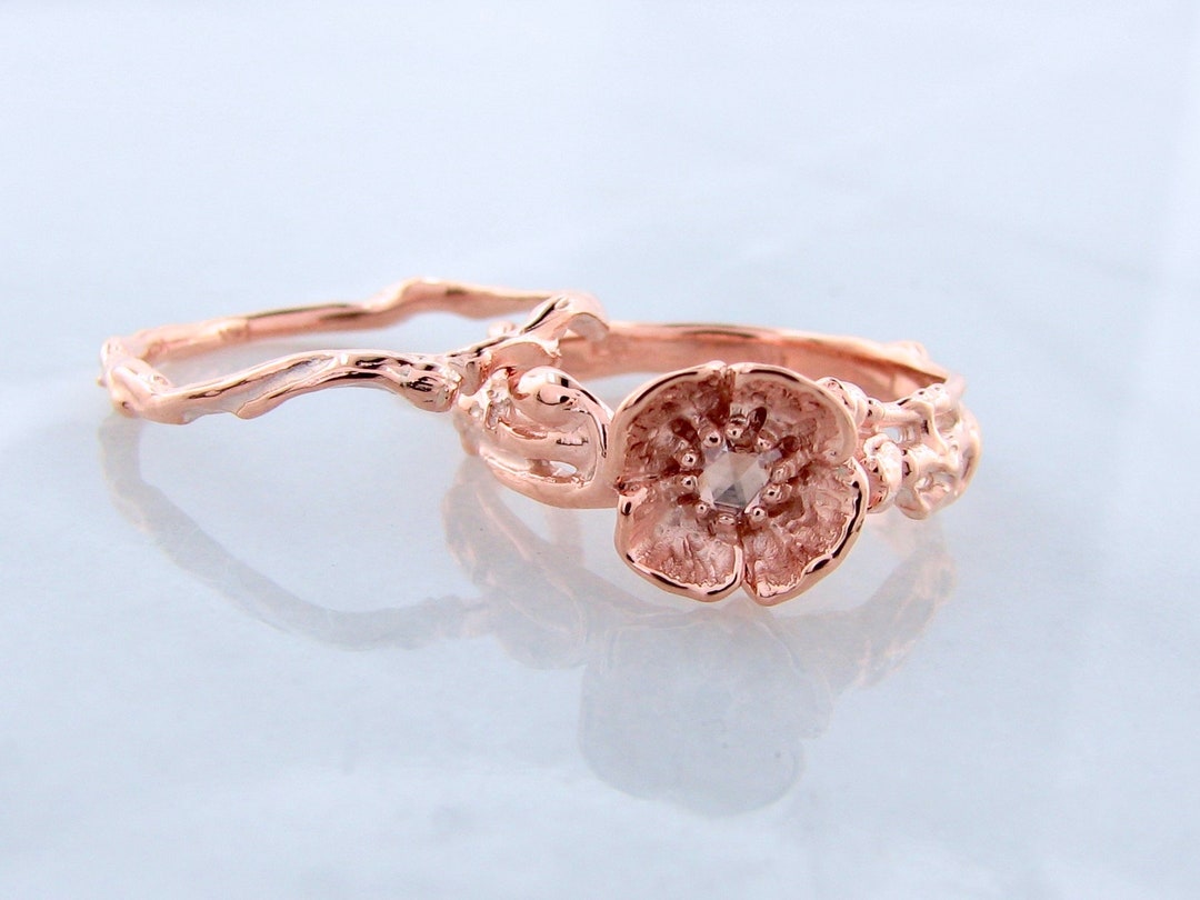Rose Gold Small Poppy Bloom Wedding Set Engagement Ring With Rose Cut ...