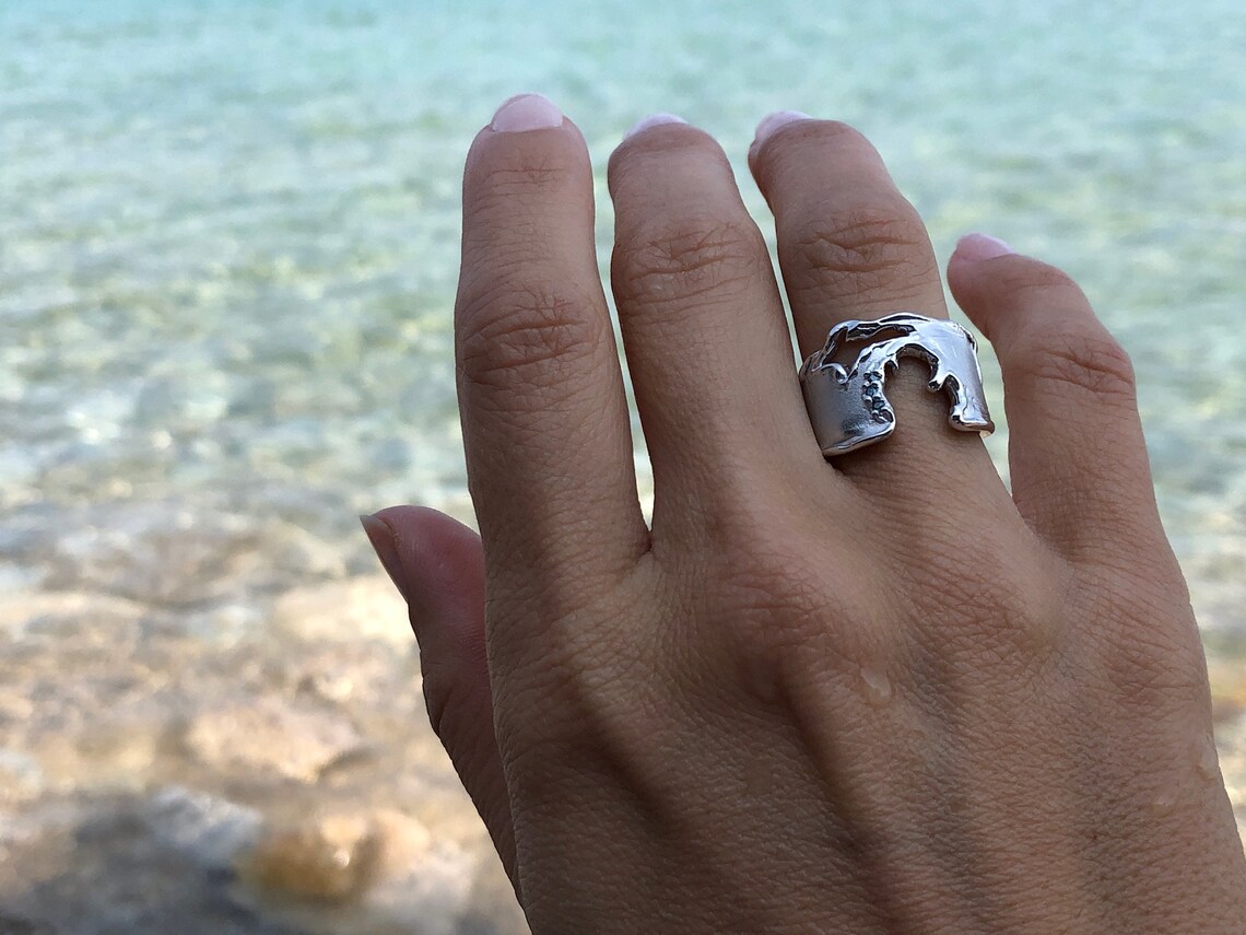 Michigan Silver Blue Diamond Ring Mitten State Love Wide Band - Etsy