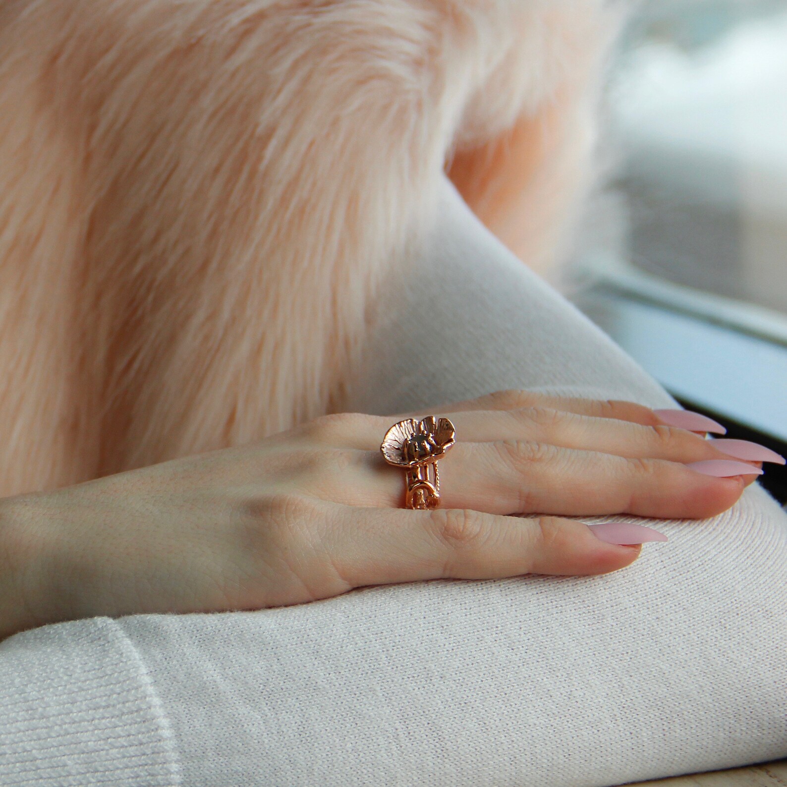 Rose Gold Poppy Bloom Ring With Rose Cut Grey Diamond | Etsy