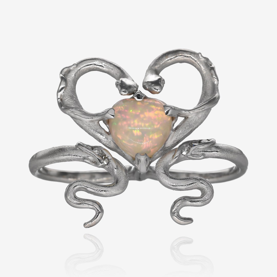 Heart Opal Snake Ring Two Finger Adjustable Fit Sterling Silver - Etsy