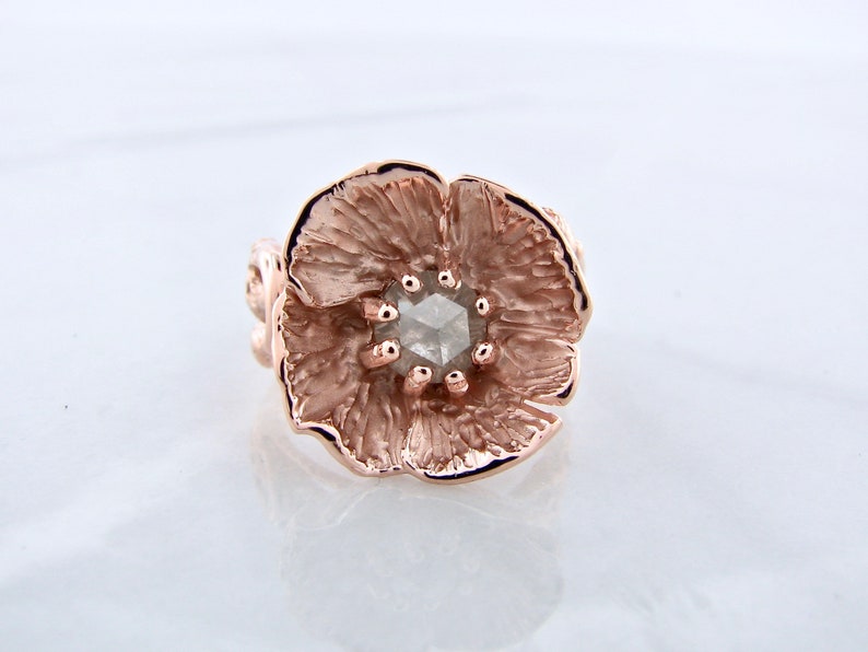 Rose Gold Poppy Bloom Ring with Rose Cut Grey Diamond | Etsy