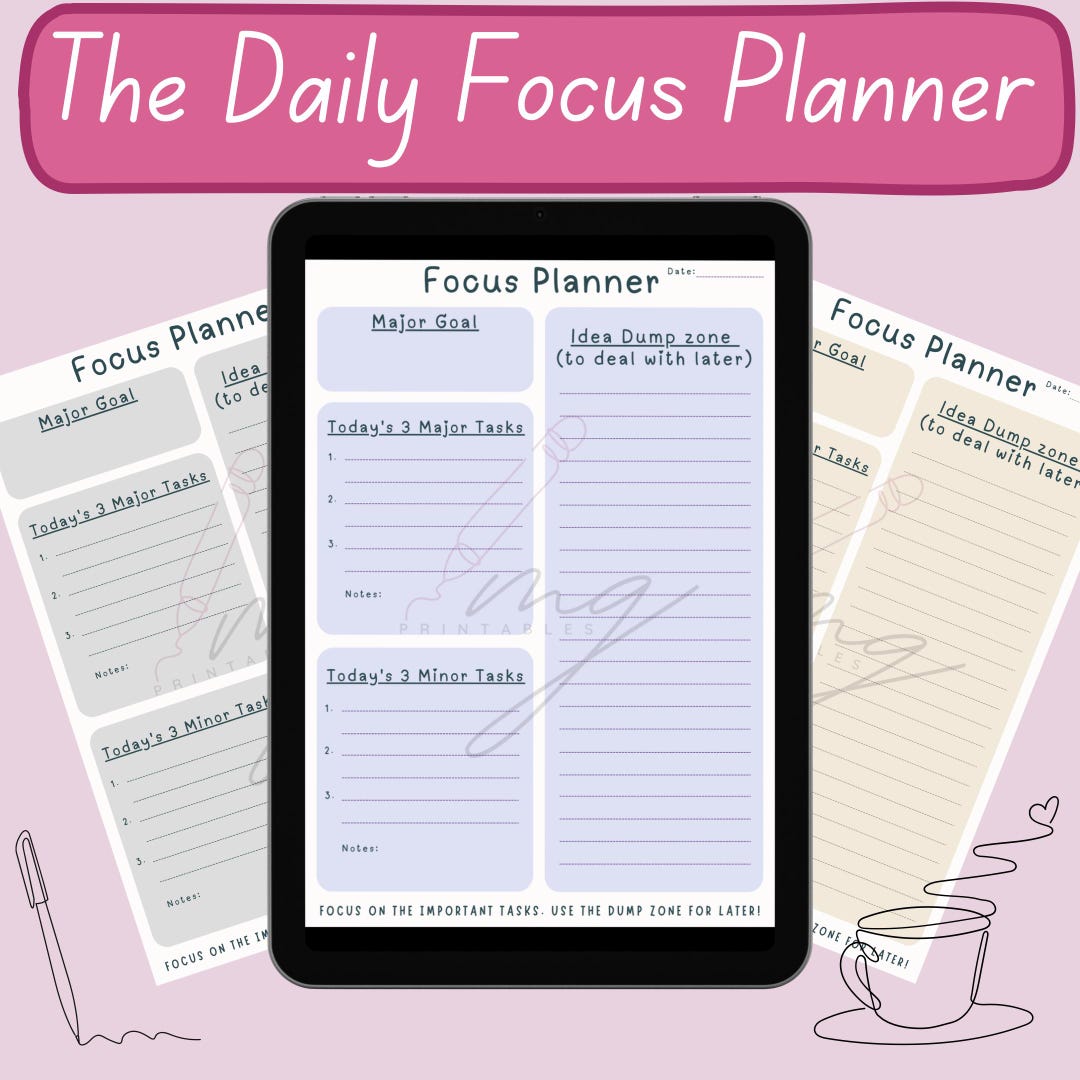 Printable Daily Focus Planner for Work, Study, Homework, Housework or ...