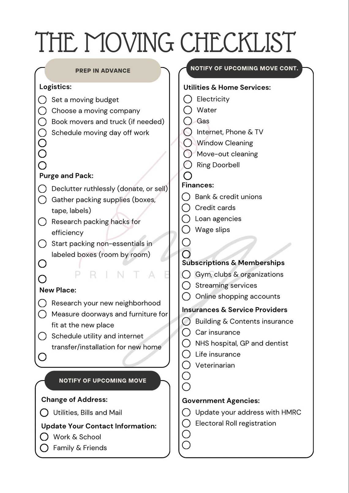 Printable House Moving Checklist for Moving Home Digital Download for ...