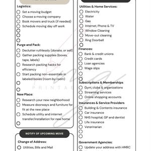 Printable House Moving Checklist for Moving Home Digital Download for ...