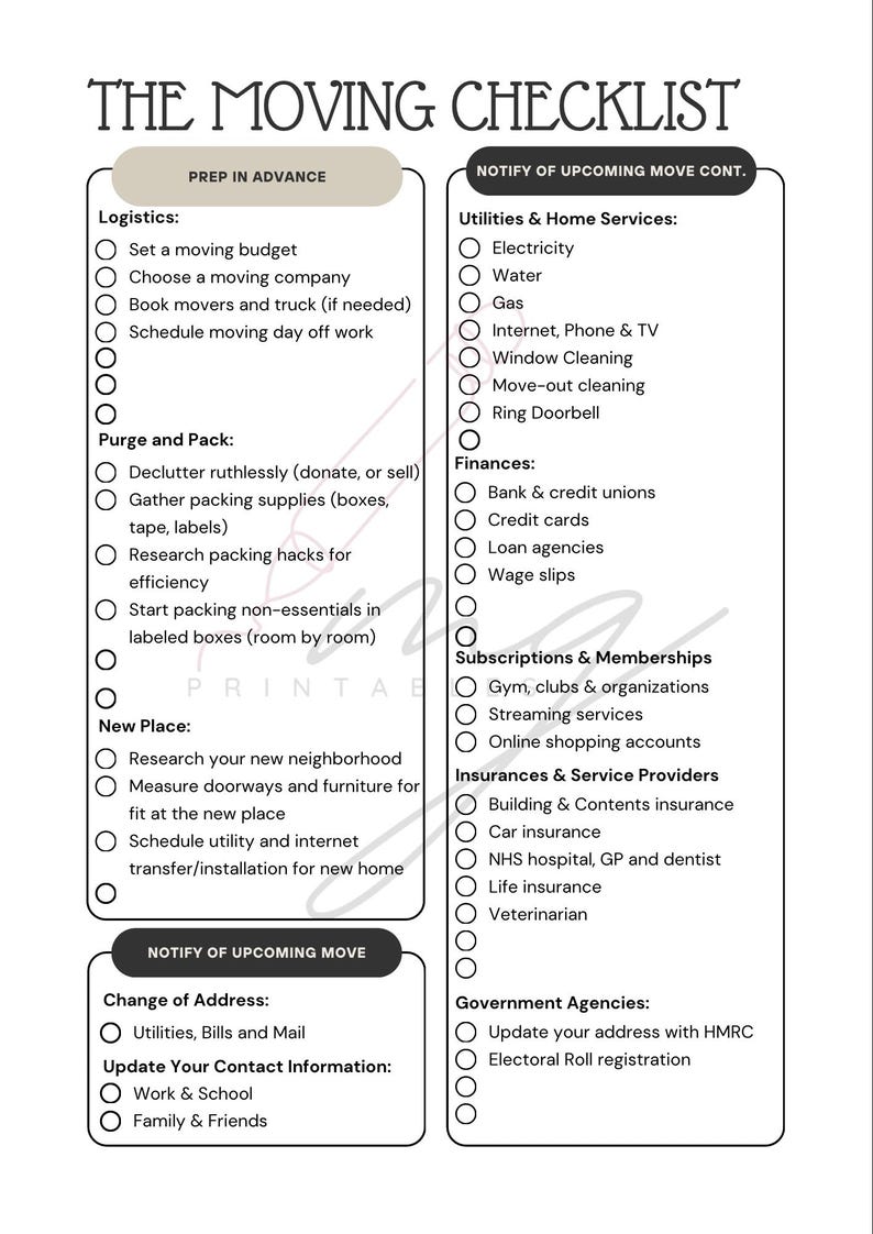Printable House Moving Checklist for Moving Home Digital Download for ...