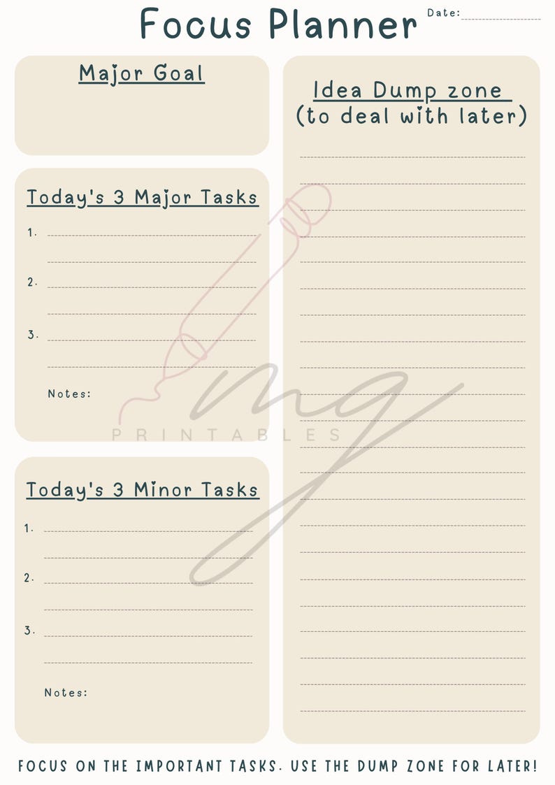 Printable Daily Focus Planner for Work, Study, Homework, Housework or ...