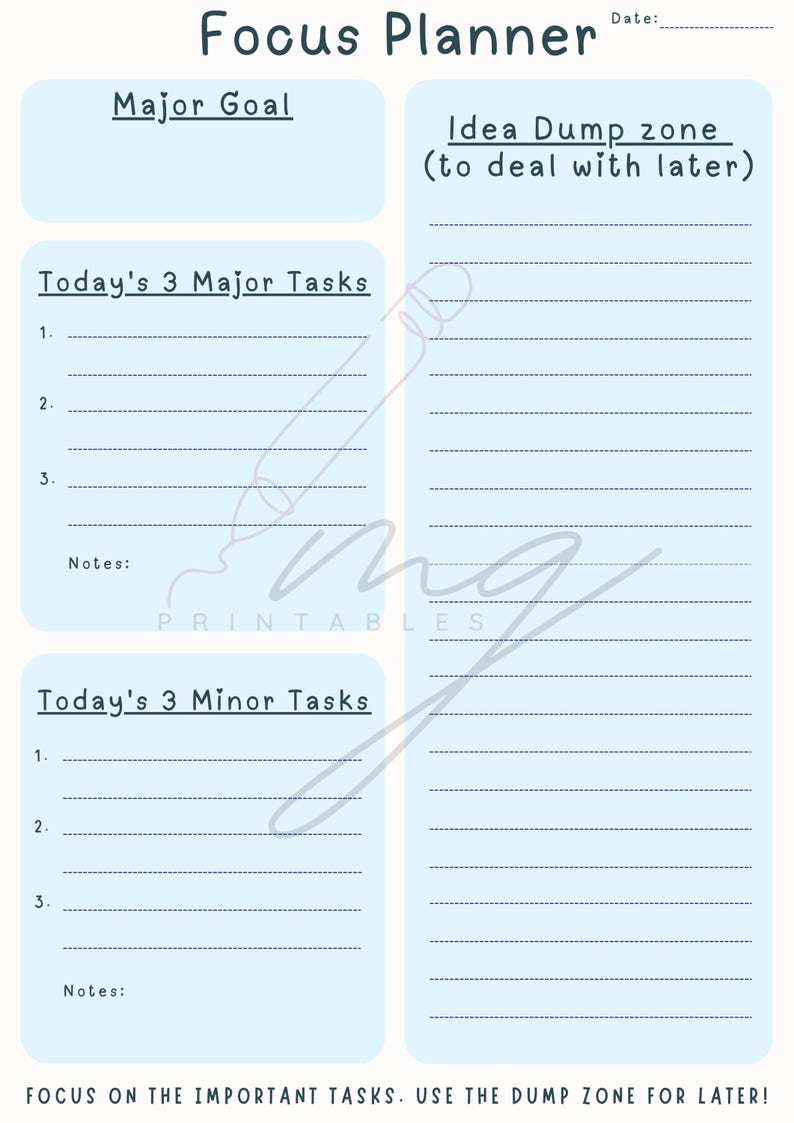 Printable Daily Focus Planner for Work, Study, Homework, Housework or ...