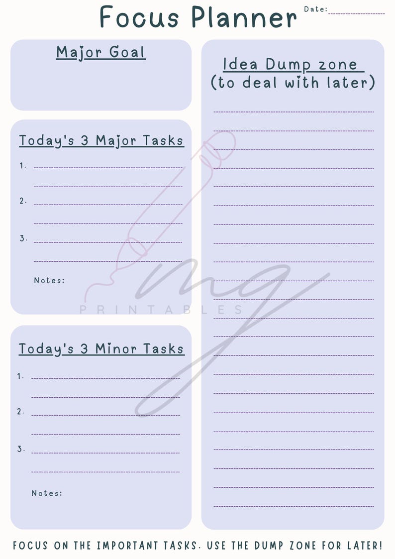 Printable Daily Focus Planner for Work, Study, Homework, Housework or ...