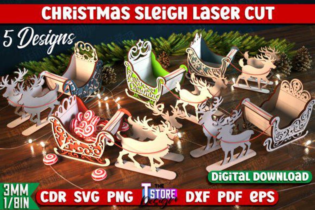 5 Christmas Sleigh Bundle Reindeer Sled Laser Cut 5 Christmas Sleigh ...