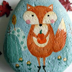 Woodland Fox Hand Painted Rock,fox With Pumpkin Art,fox Rock Art ...