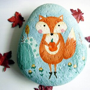 Woodland Fox Hand Painted Rock,fox With Pumpkin Art,fox Rock Art ...