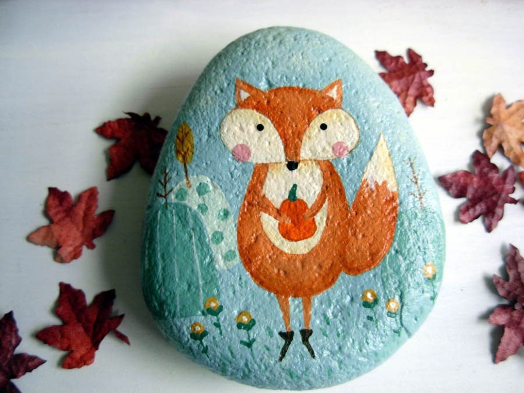 Woodland Fox Hand Painted Rock,fox With Pumpkin Art,fox Rock Art ...