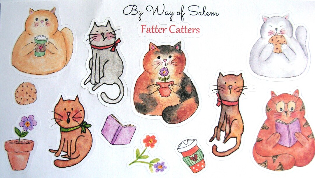 Fat Cat Sticker Sheet, Cat Stickers, Cute Cat Stickers, Watercolor Cat ...