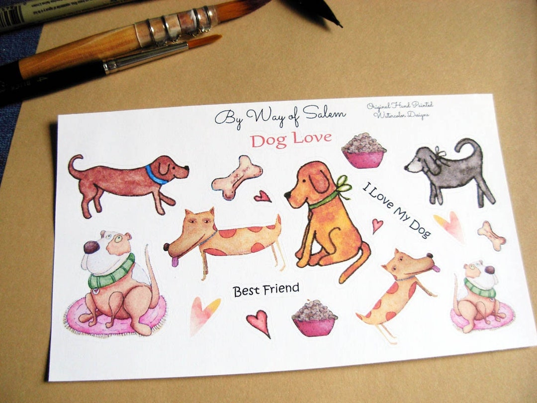Dog Love Sticker Sheet, Dog Stickers, Cute Dog Stickers, Watercolor Dog ...