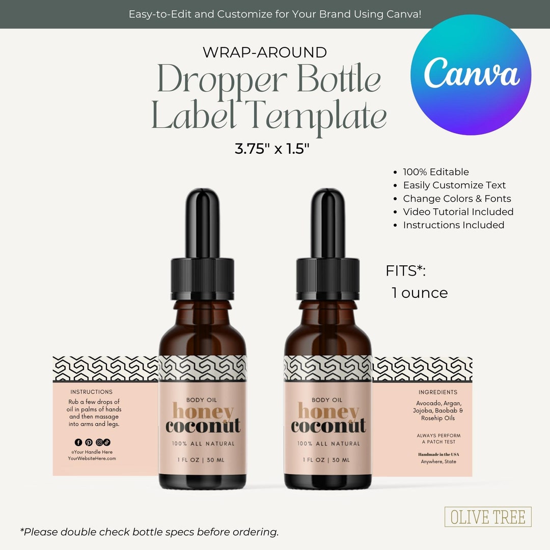 Editable 1 Oz Dropper Bottle Label Canva Template (1 Size), Printable ...