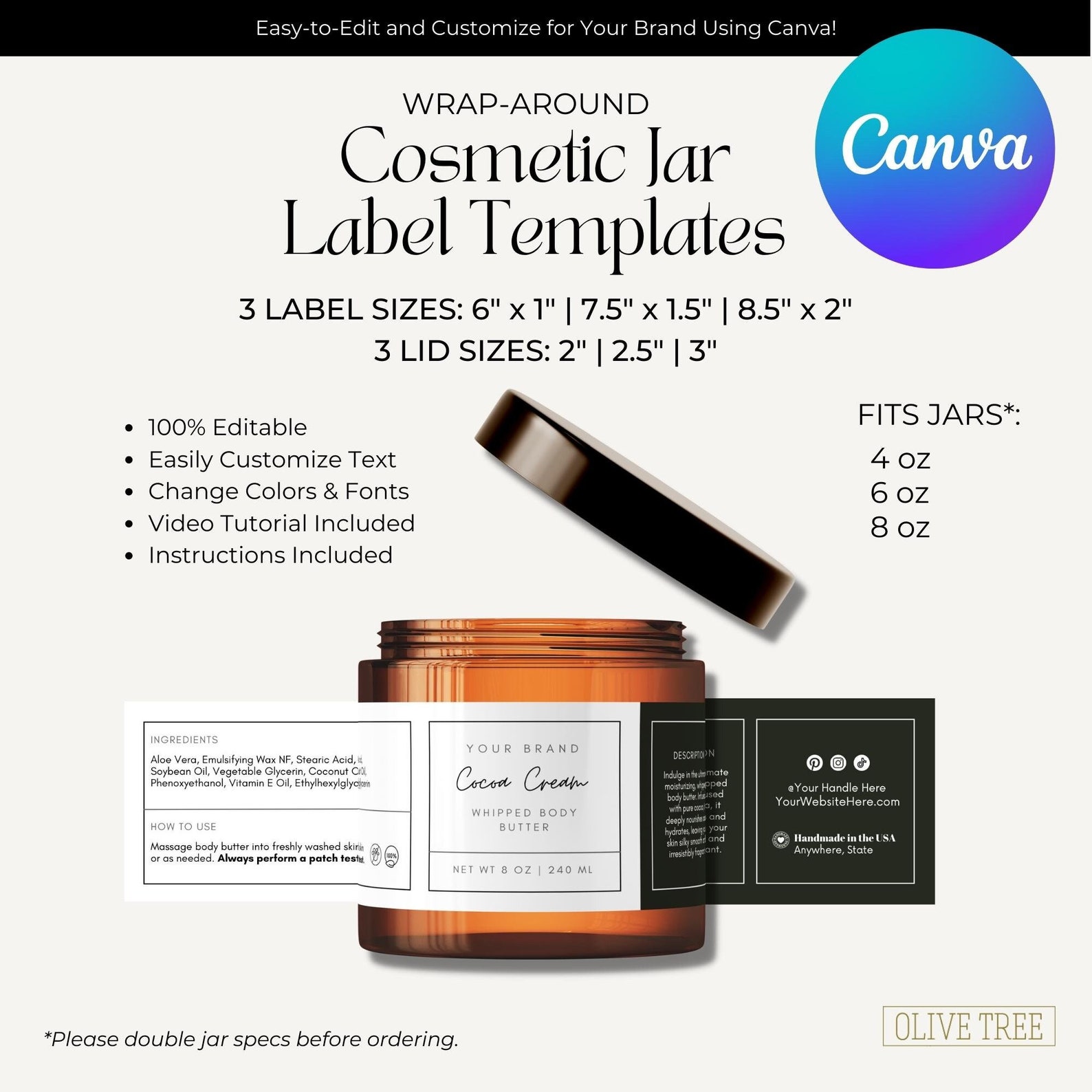 Editable Cosmetic Jar Labels Canva Templates (3 Sizes), Printable Jar ...