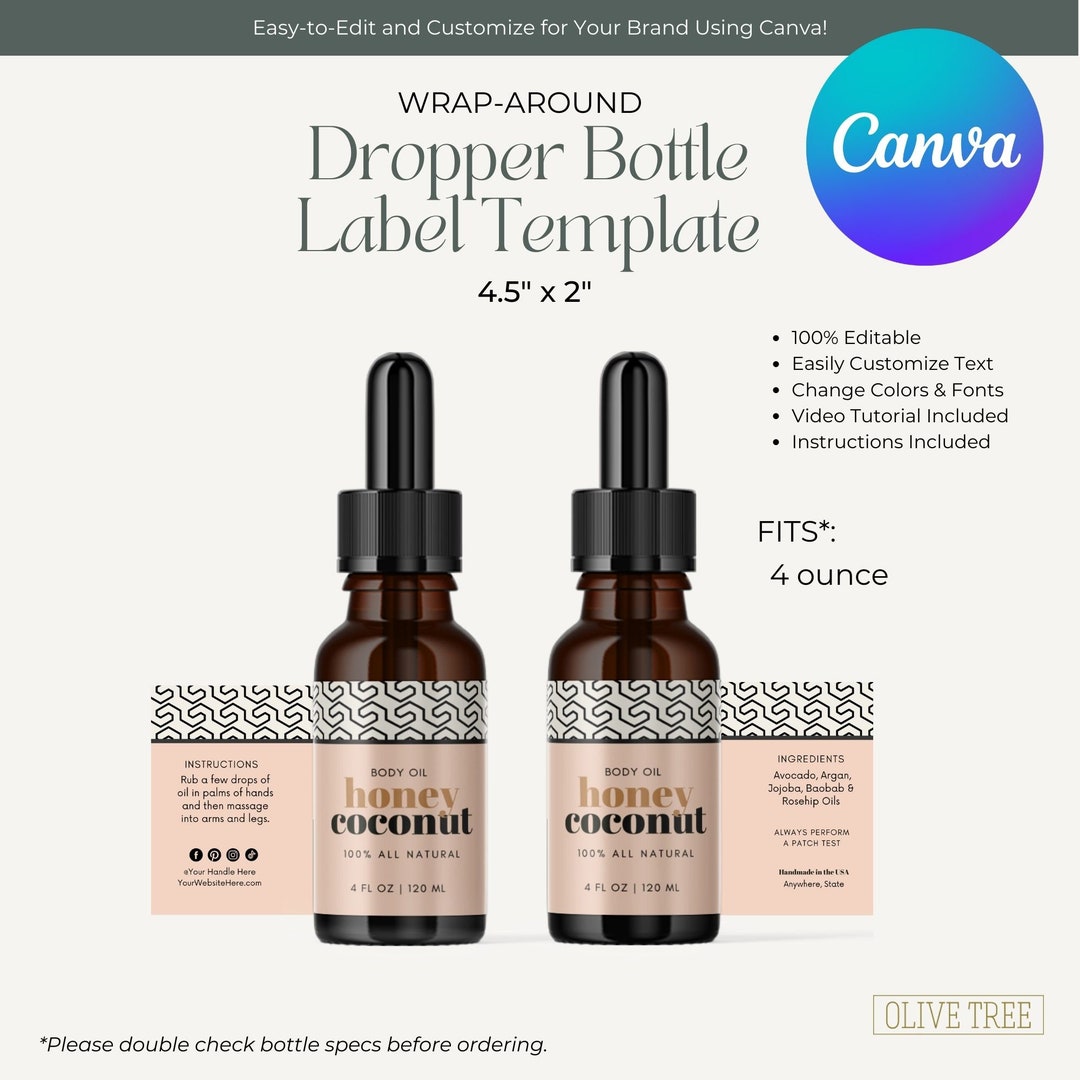 4 Oz Dropper Bottle Label Template: Editable Personal Care Label (canva ...