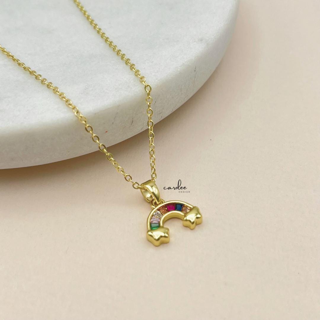 Rainbow Pave Necklace: 18K Gold Plated Charm - Etsy