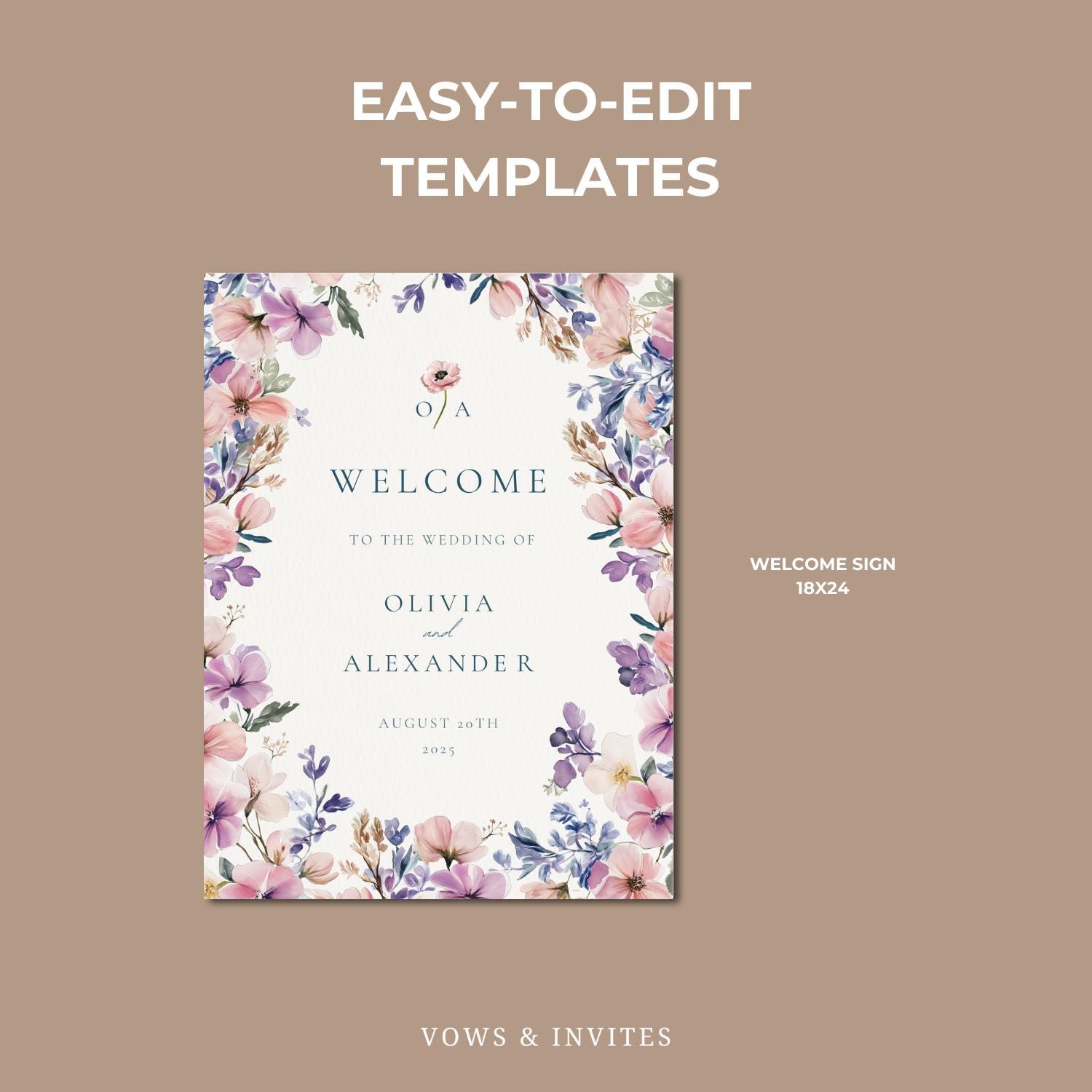 Pastel Floral Wedding Welcome Sign, Monogram Canva Template, Editable ...