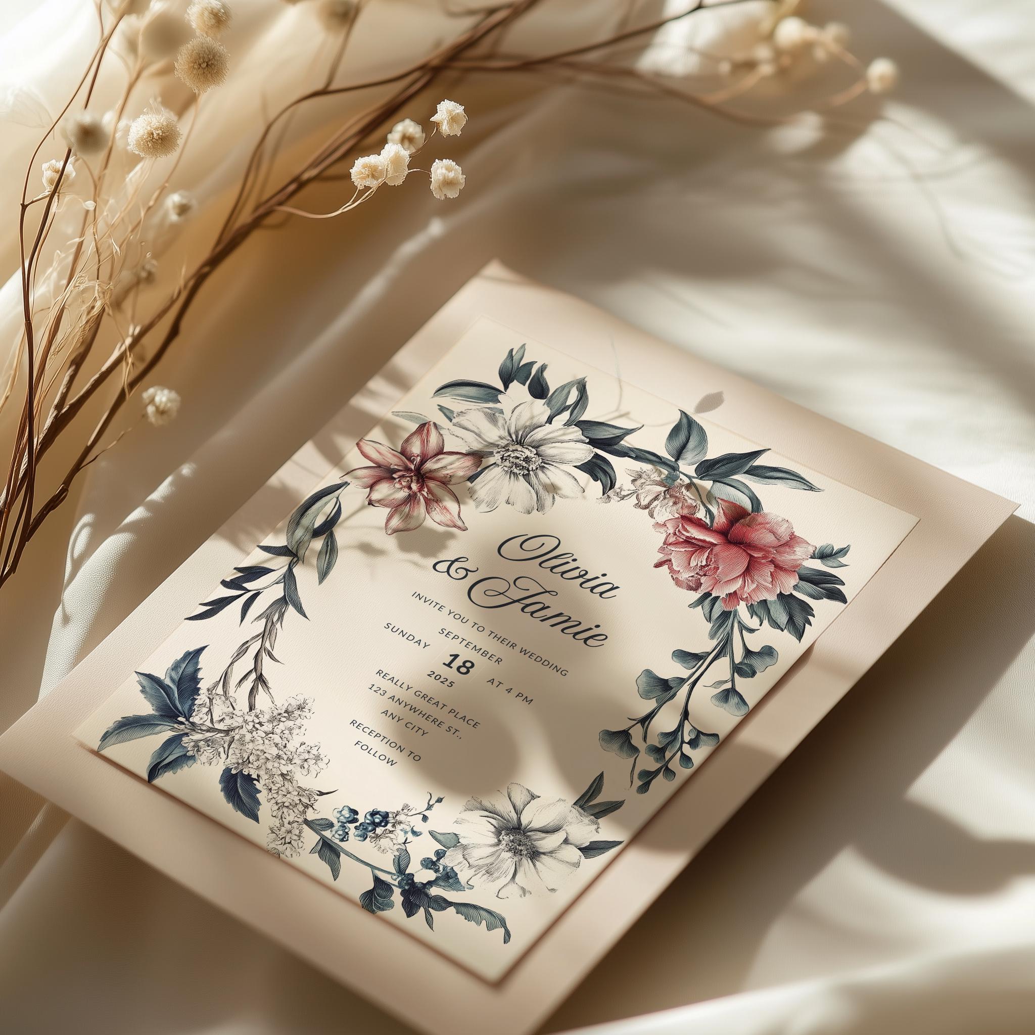 Details on Back Wedding Invitation Template, Vintage Botanical Wedding ...