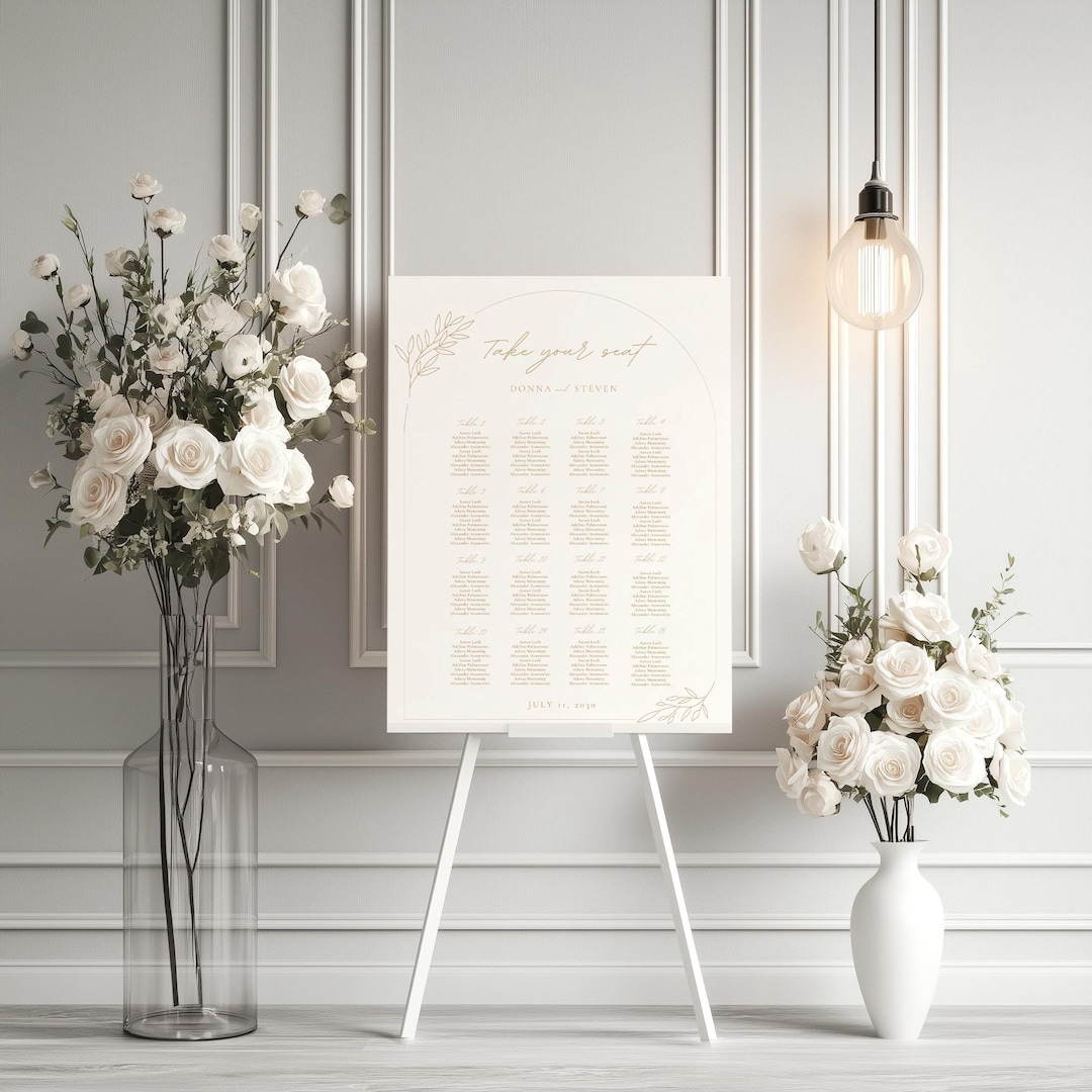 Beige Minimalist Wedding Seating Chart, Arch Frame Canva Template ...