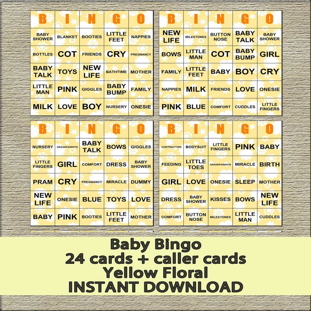 Baby Shower Bingo Yellow Floral 24 Cards Call Cards Instant Download - Etsy