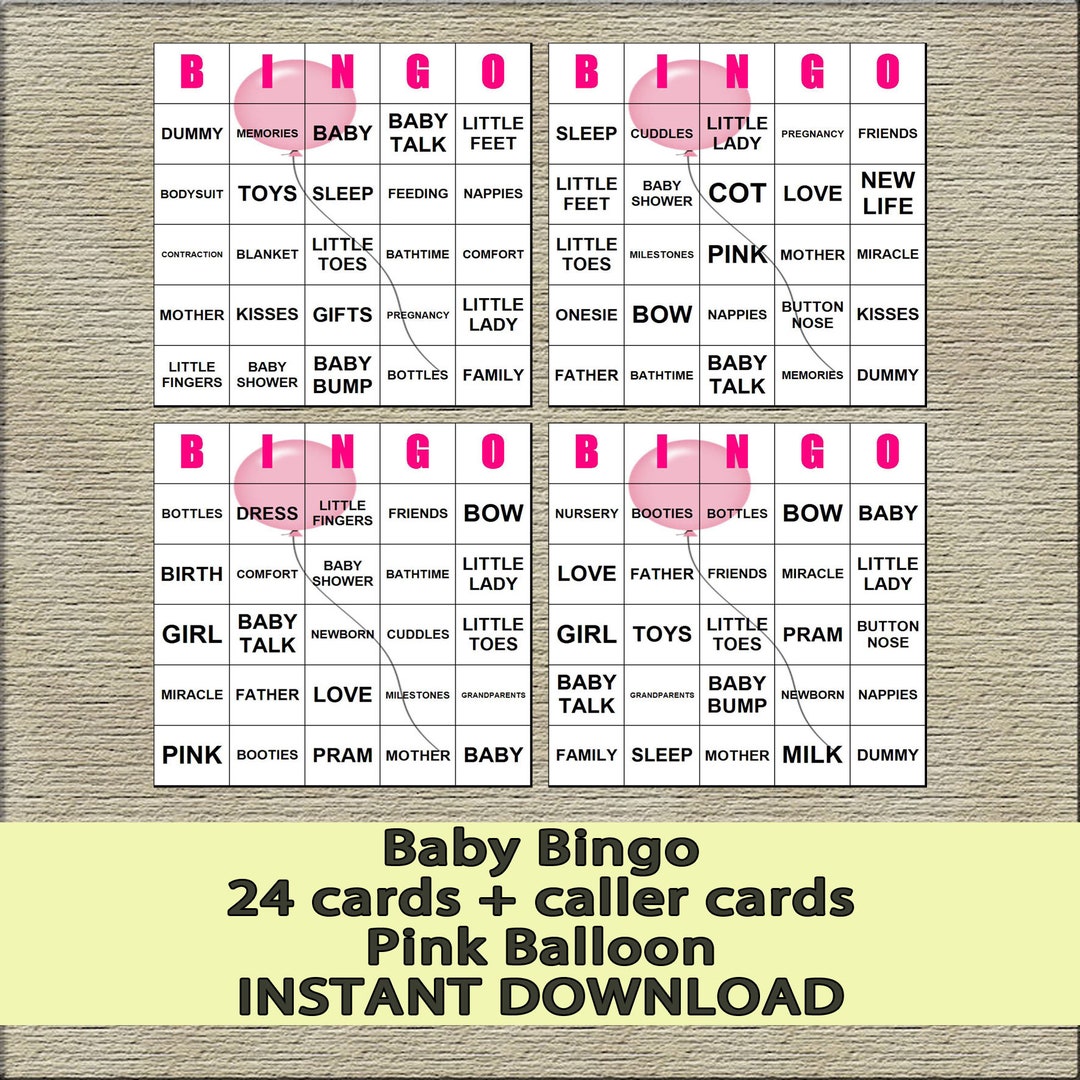 Baby Shower Bingo Pink Balloon 24 Cards Call Cards instant Download - Etsy
