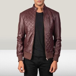 Men's Quilted Maroon Leather Jacket - Real Sheephide - Etsy
