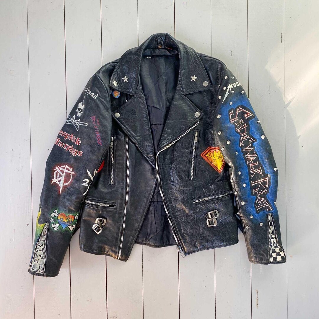 Punk Rocker Vintage Leather Jacket Heavy Metal Motorcycle Battle Jacket ...