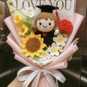 Crochet Graduation Bouquet With Knitted Graduate Plush and Sunflowers ...