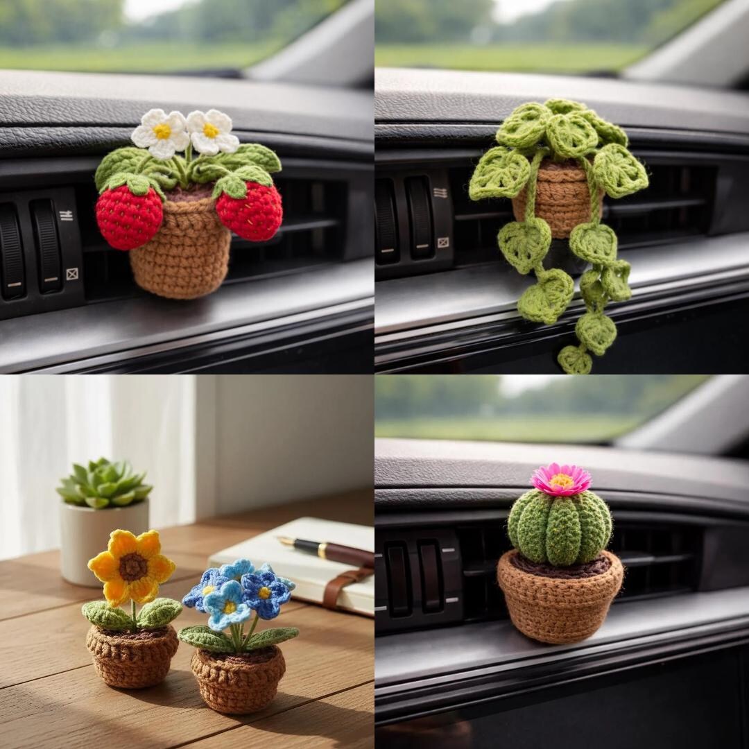 Crochet Car Vent Plant Decor, Mini Knitted Flower Pots, Sunflower ...