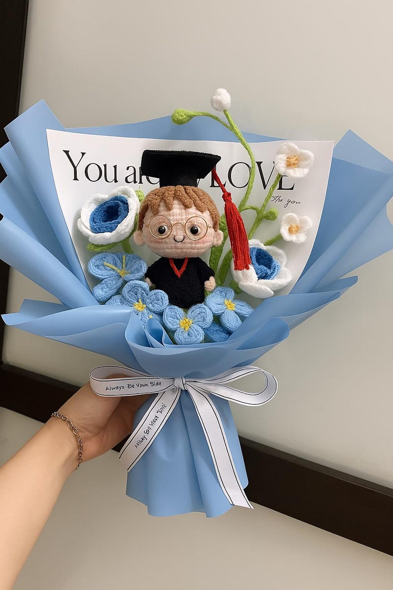 Crochet Graduation Bouquet With Knitted Graduate Plush and Sunflowers ...