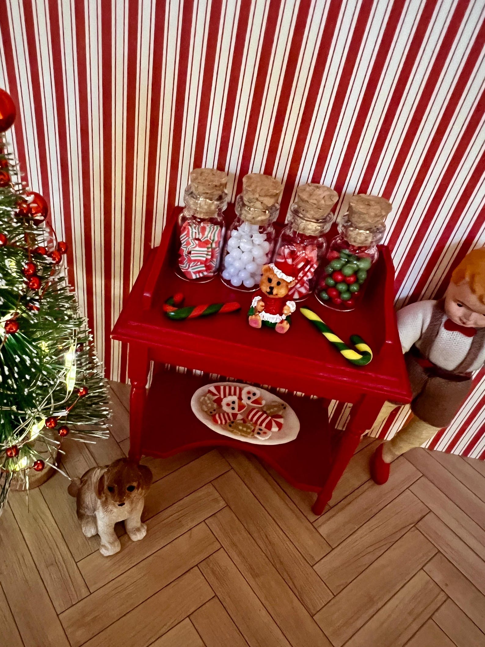 Miniature Christmas Holiday Cookies and Candy in Jars and on a Platter ...