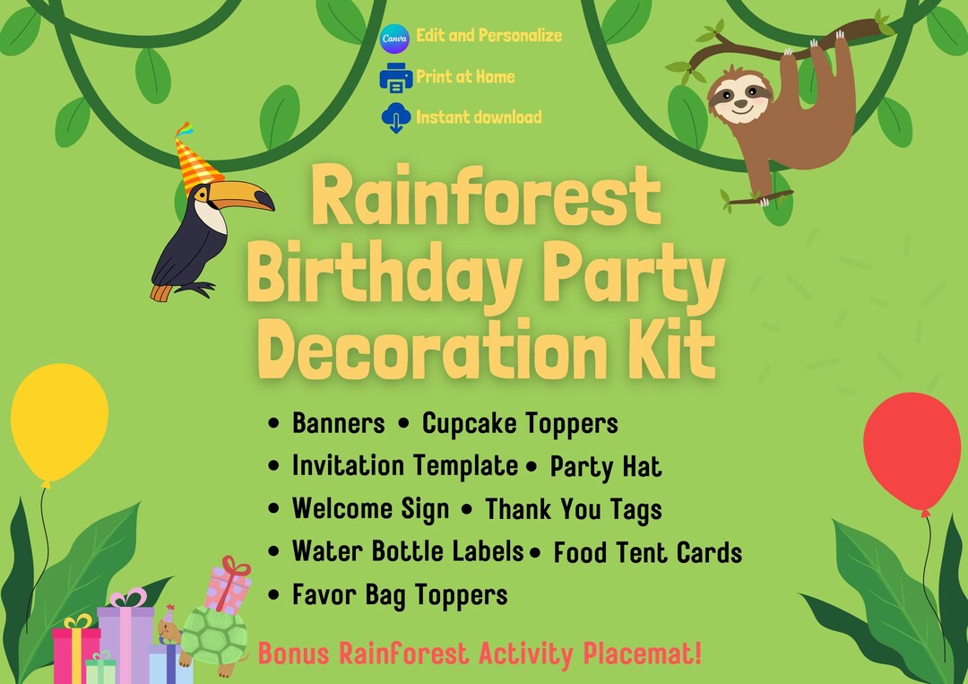 Rainforest Birthday Party Kit Printable – Jungle Theme Decor, Editable ...