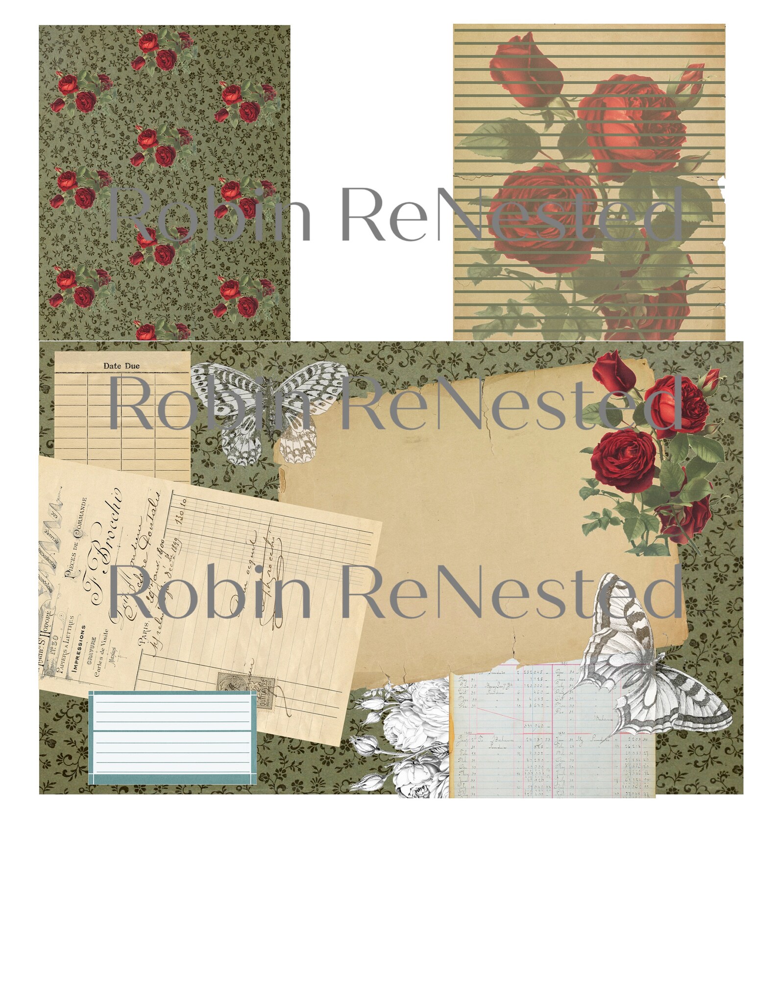 Rose Pattern Printable Paper Kit, Stripes and Roses, Junk Journal Pages ...