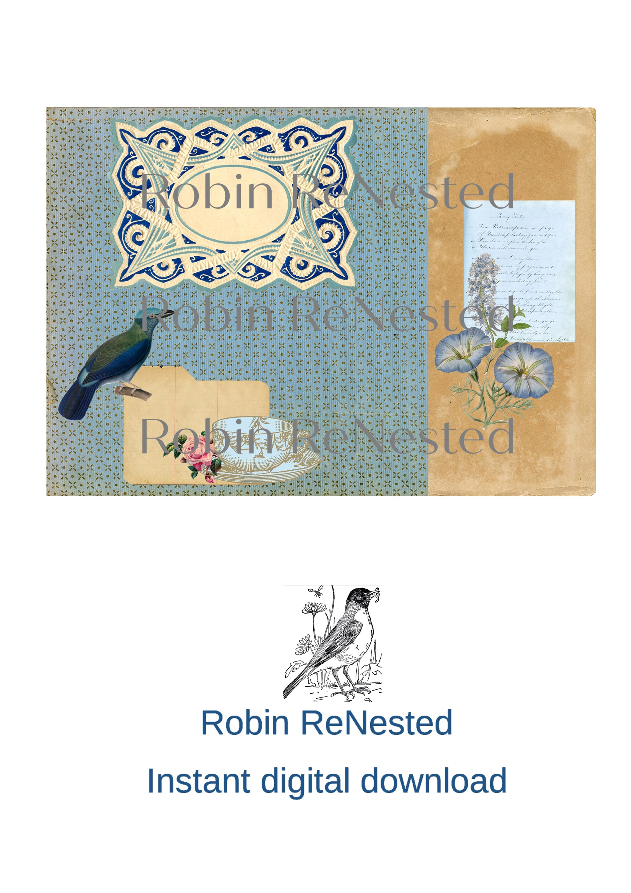 Blue Collage Printable Pack Ephemera Scrapbook Paper Set - Etsy Singapore