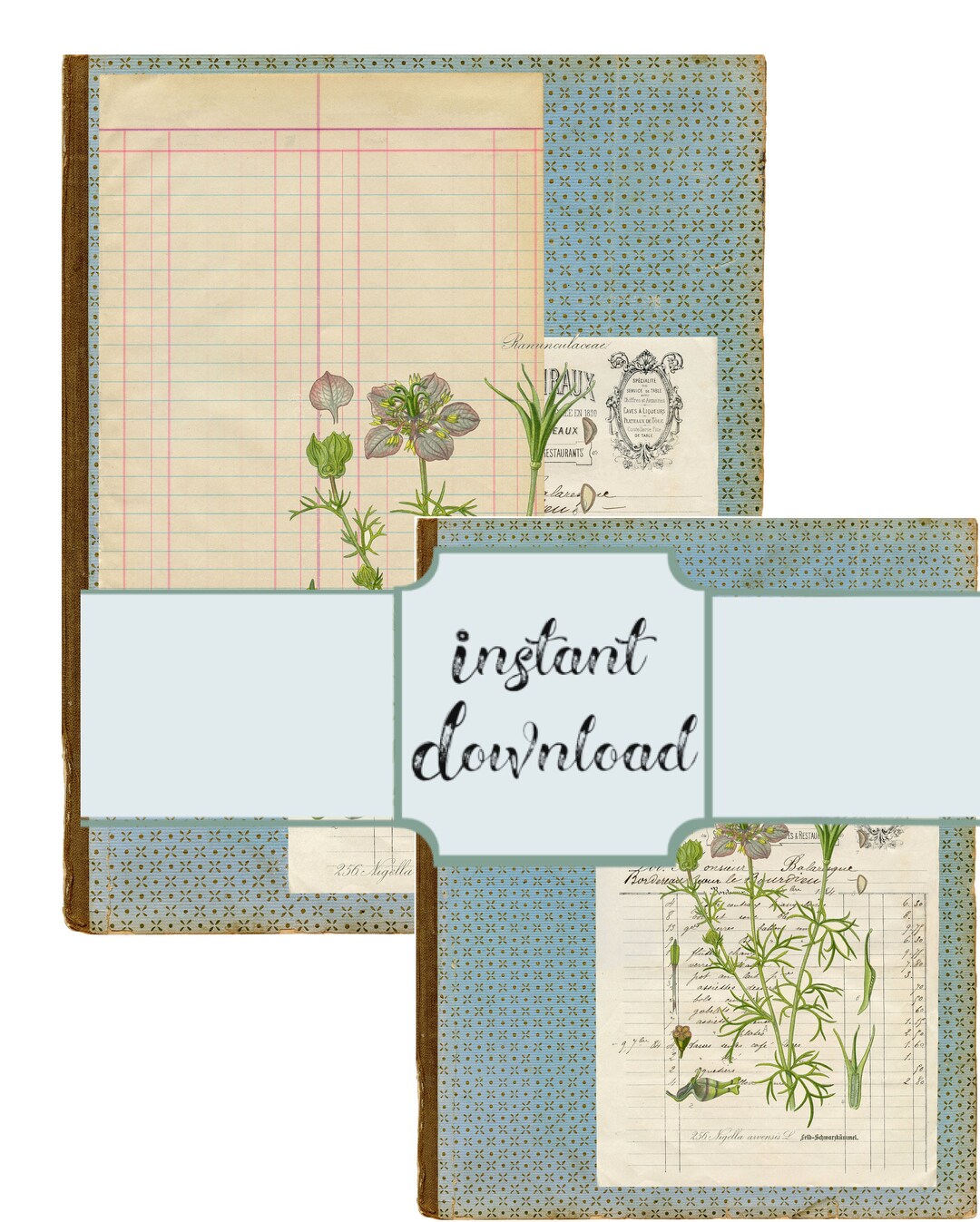 Blue Background Ephemera, Printable Pack, Scrapbook Paper Set, Digi Kit ...